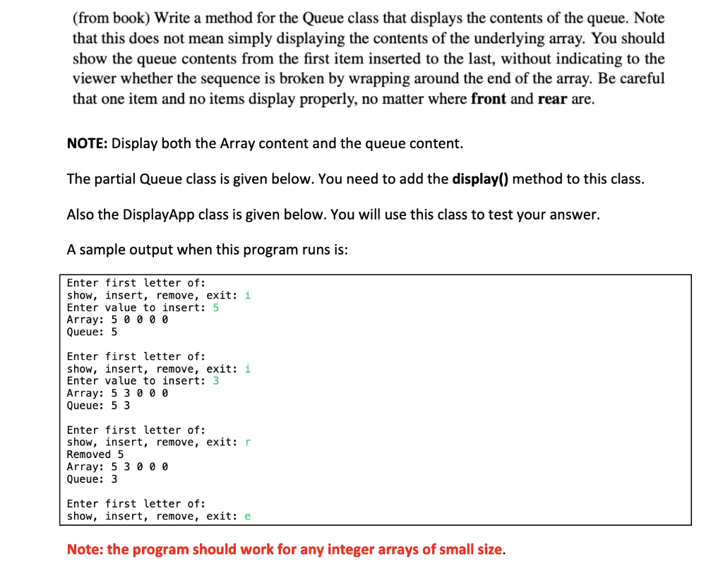 Solved (from book) Write a method for the Queue class that | Chegg.com