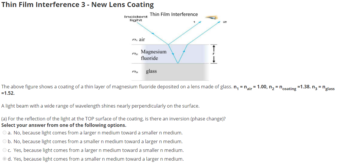 Solved Thin Film Interference 3 - New Lens Coating Thin Film | Chegg.com