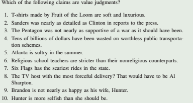 Solved Which of the following claims are value judgments? 1. | Chegg.com