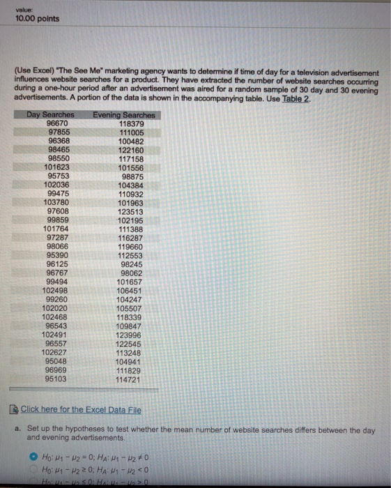 Solved value 10.00 points (Use Excel) The See Me" marketing | Chegg.com