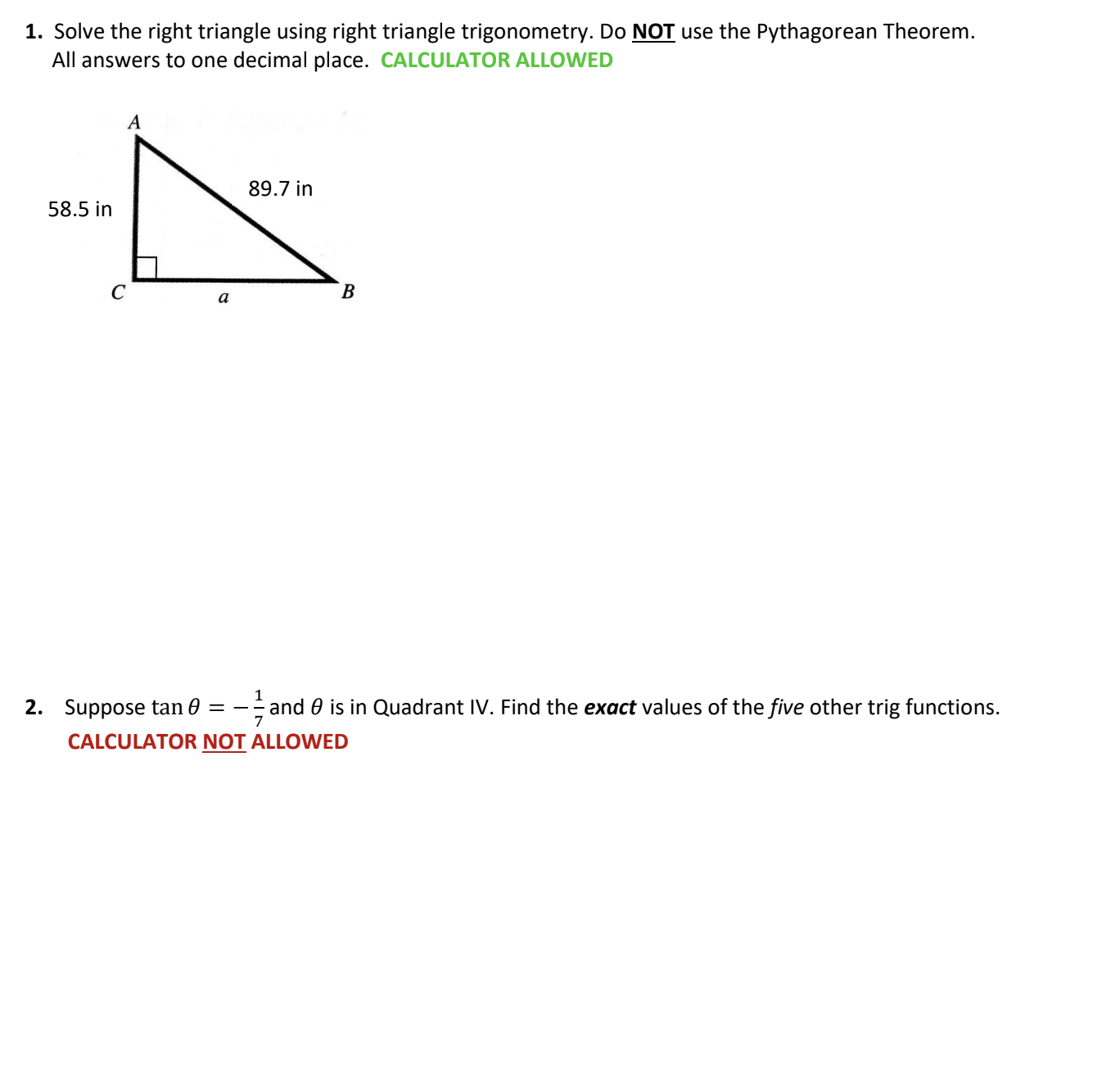 Solve the right triangle using right triangle | Chegg.com