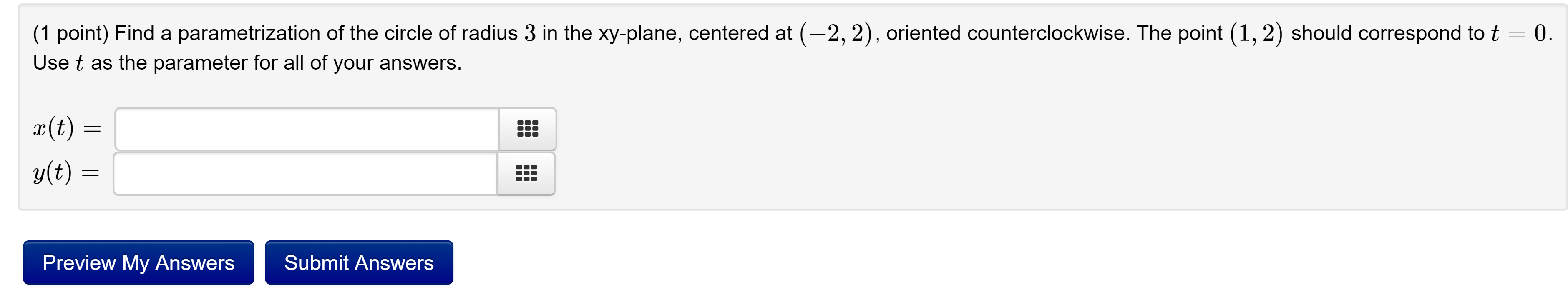 Solved (1 point) Find a parametrization of the circle of | Chegg.com