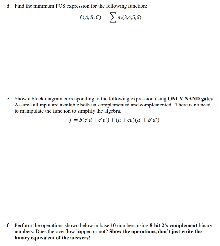Solved D Find The Minimum Pos Expression For The Following 