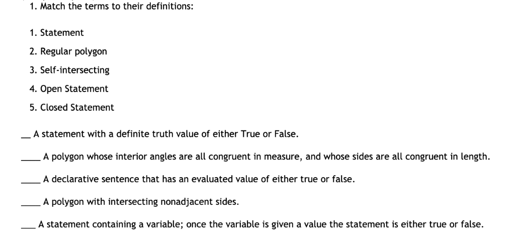 Solved 1. Match the terms to their definitions: 1. Statement | Chegg.com
