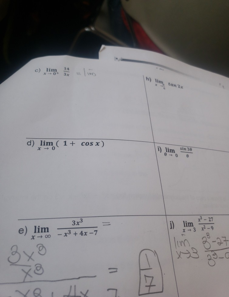 Solved 14 c) lim x 04 we 31 h) lim tan 2x d) lim 1 + cos x) | Chegg.com