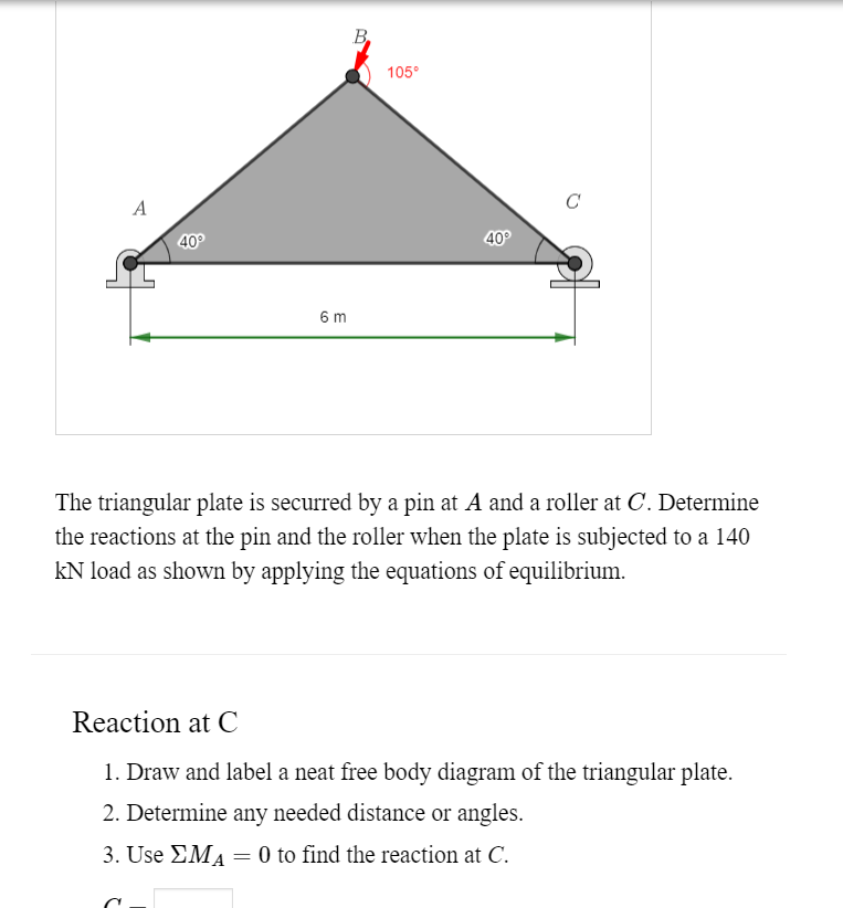 Solved The triangular plate is securred by a pin at A and a | Chegg.com