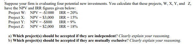 Solved Suppose your firm is evaluating four potential new | Chegg.com