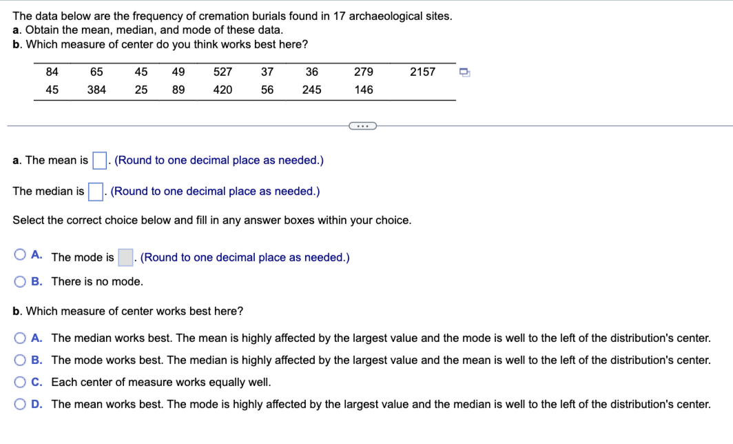 Solved The data below are the frequency of cremation burials | Chegg.com