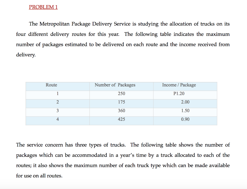 Solved PROBLEM 1 The Metropolitan Package Delivery Service | Chegg.com