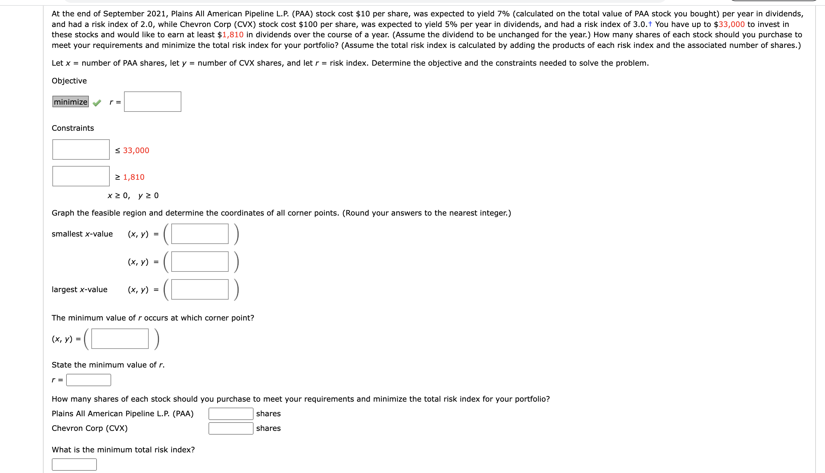 Solved Let x= ﻿number of PAA shares, let y= ﻿number of CVX | Chegg.com