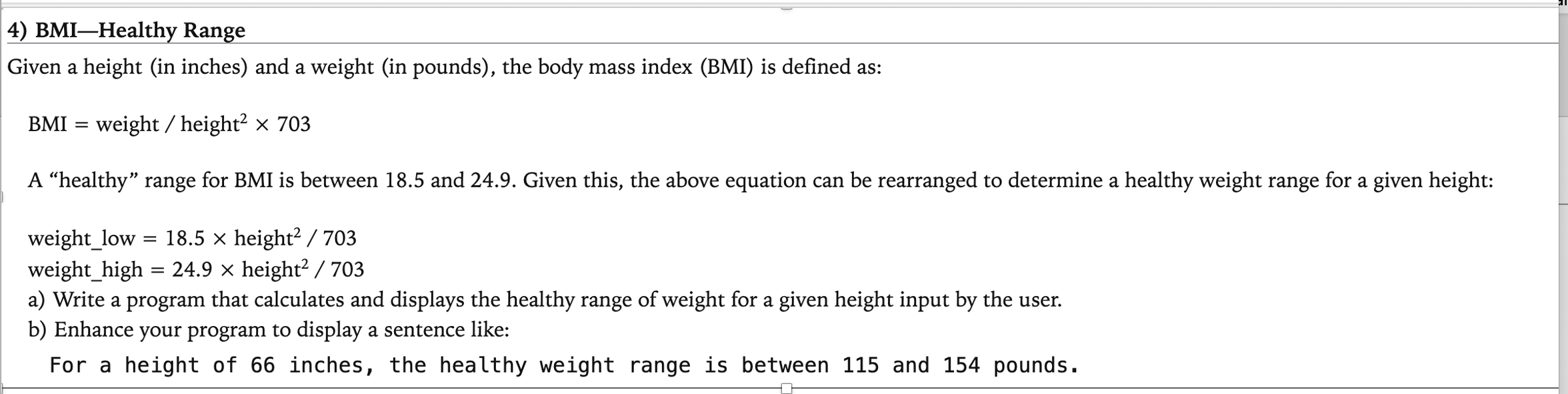BMI—Healthy RangeGiven a height (in inches) ﻿and a | Chegg.com