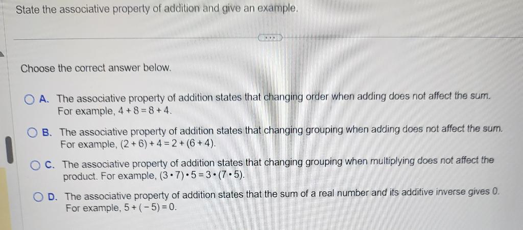 Solved State the associative property of addition and give | Chegg.com