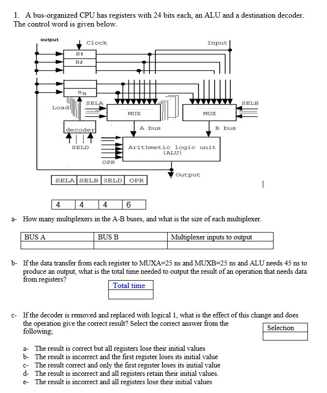 Solved 1. A bus-organized CPU has registers with 24 bits | Chegg.com