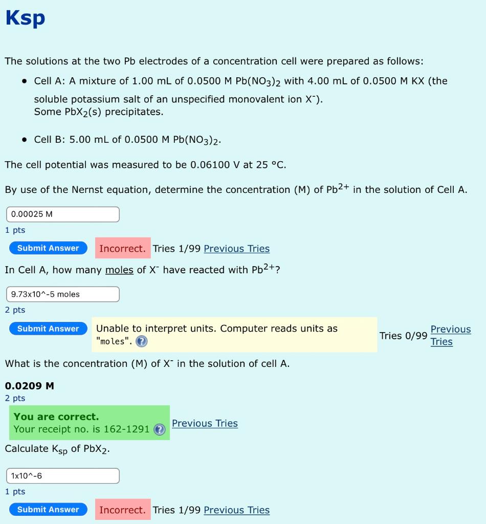 Solved Ksp The solutions at the two Pb electrodes of a | Chegg.com