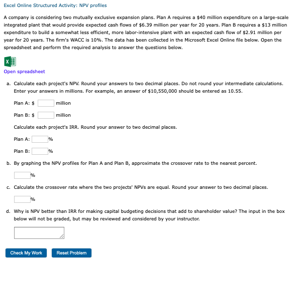 Solved Excel Online Structured Activity: NPV profiles A | Chegg.com