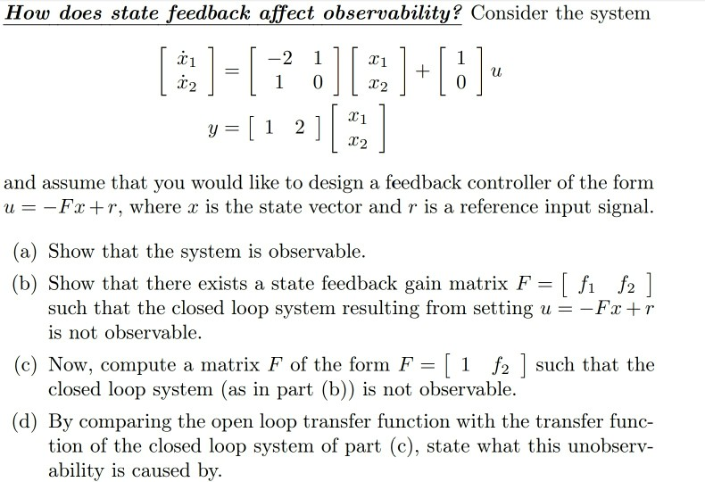 How does state feedback affect observability? | Chegg.com
