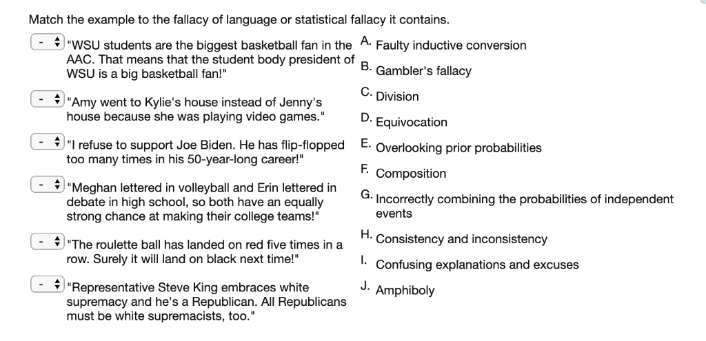Match the example to the fallacy of language or | Chegg.com