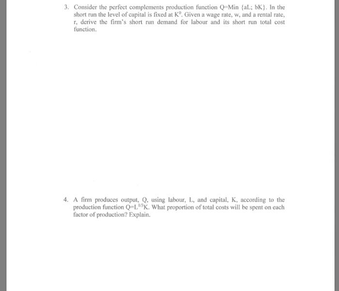 Solved 3. Consider the perfect complements production | Chegg.com