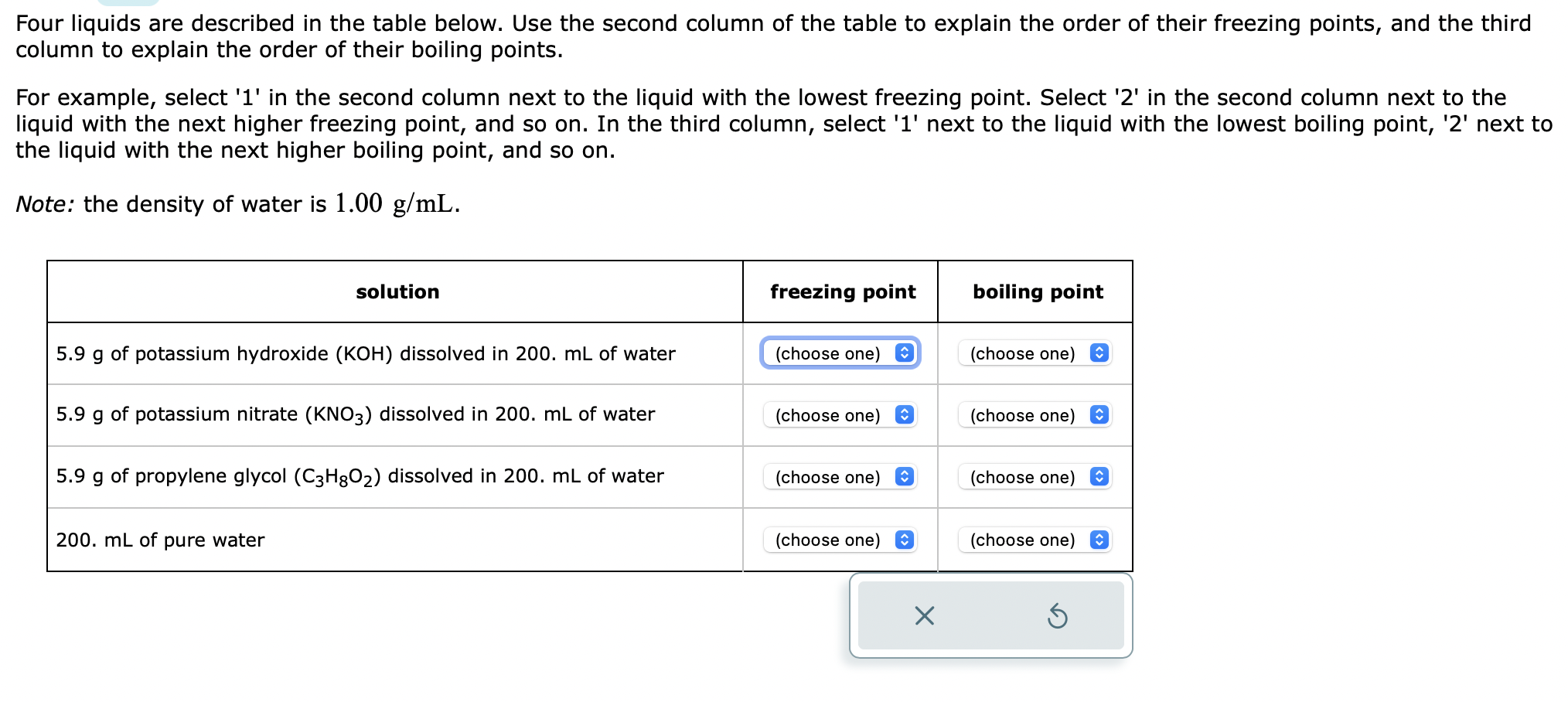 Solved \begin{tabular}{|l|l|} \hline freezing point & | Chegg.com