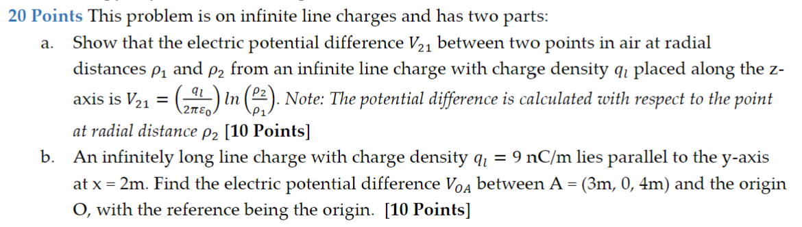 Solved 0 Points This problem is on infinite line charges and | Chegg.com