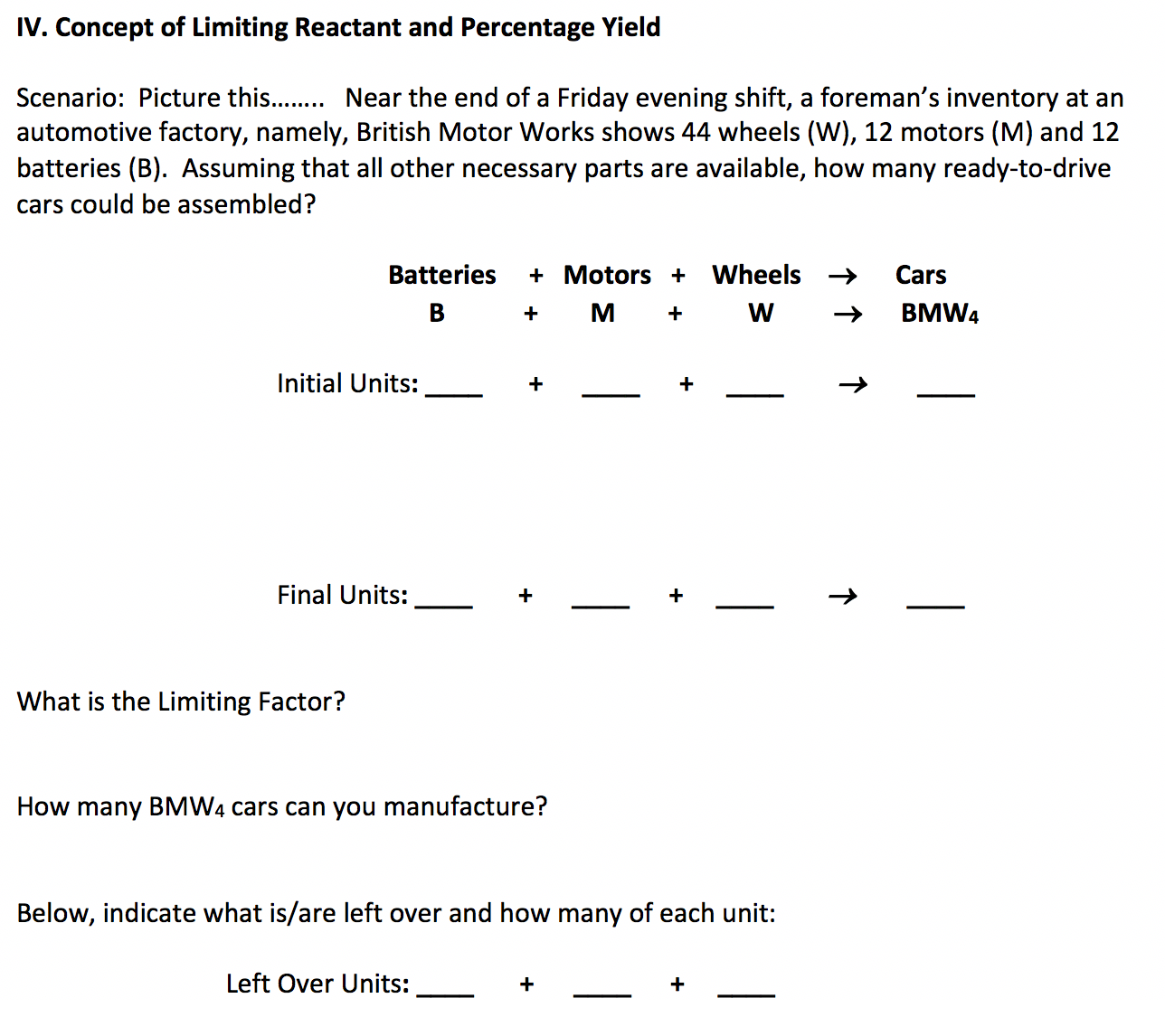 Solved IV. Concept of Limiting Reactant and Percentage Yield | Chegg.com