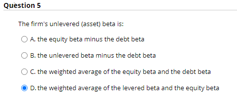 Solved Question 5 The firm's unlevered (asset) beta is: A. | Chegg.com