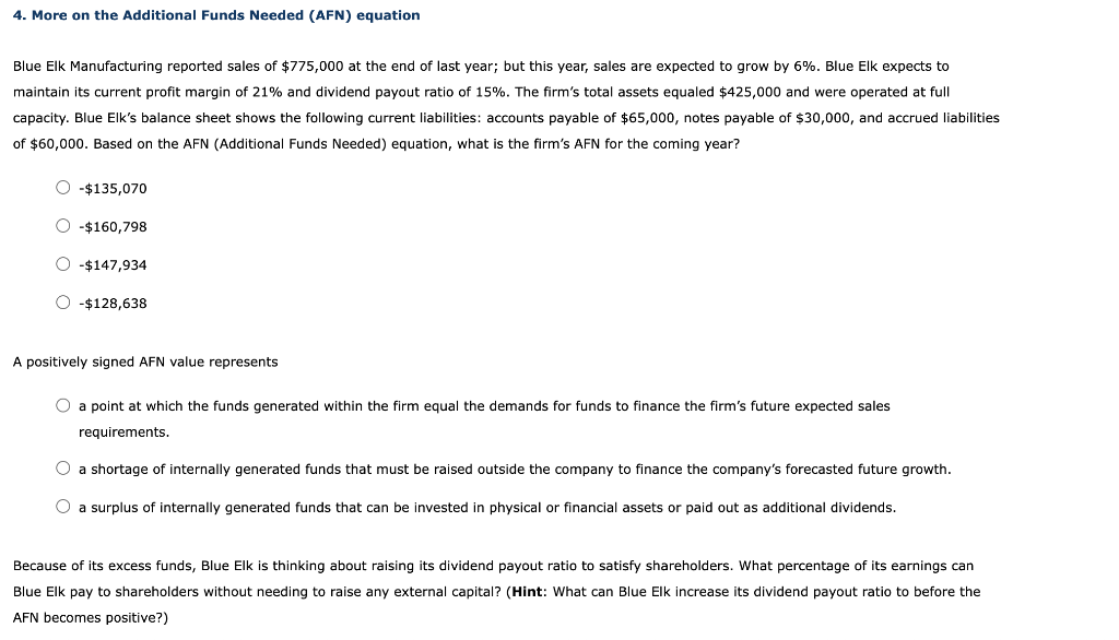 Solved 4. More on the Additional Funds Needed (AFN) equation | Chegg.com