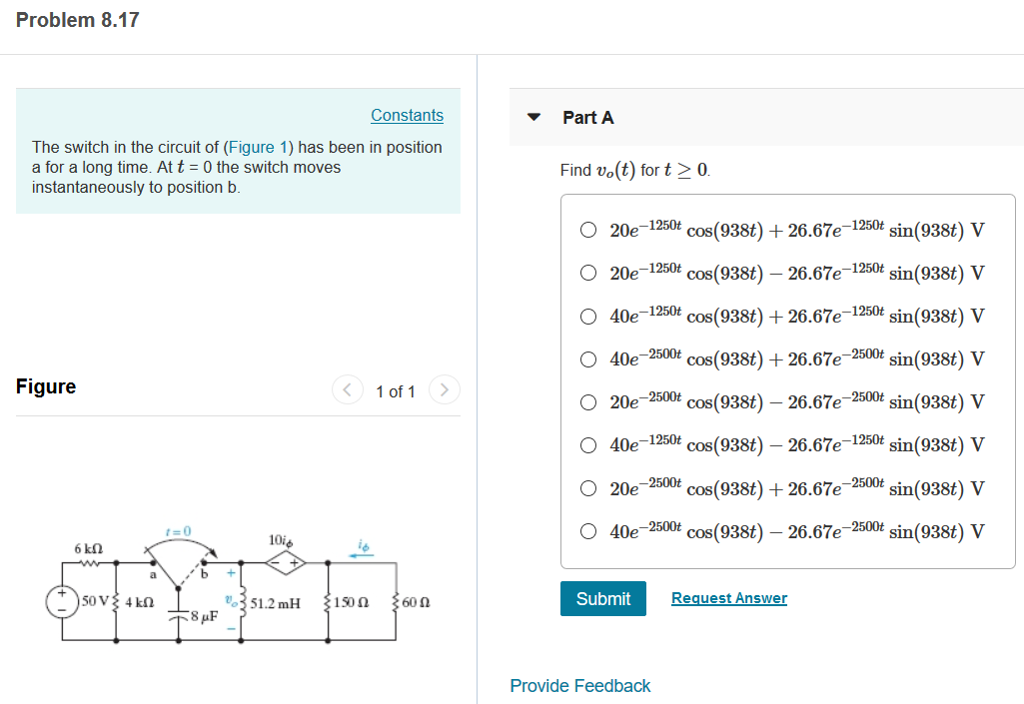 Solved Problem 8.17 Constants Part A The switch in the | Chegg.com