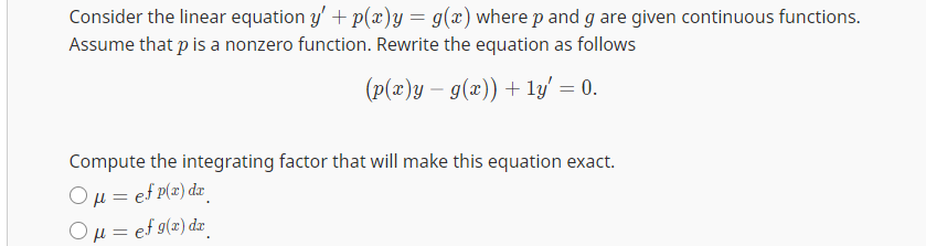Solved Consider the linear equation y′+p(x)y=g(x) where p | Chegg.com