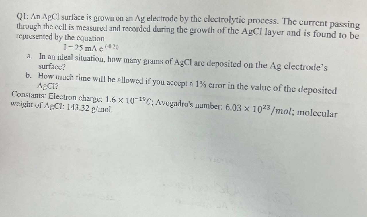 Solved Q1: An AgCl surface is grown on an Ag electrode by | Chegg.com