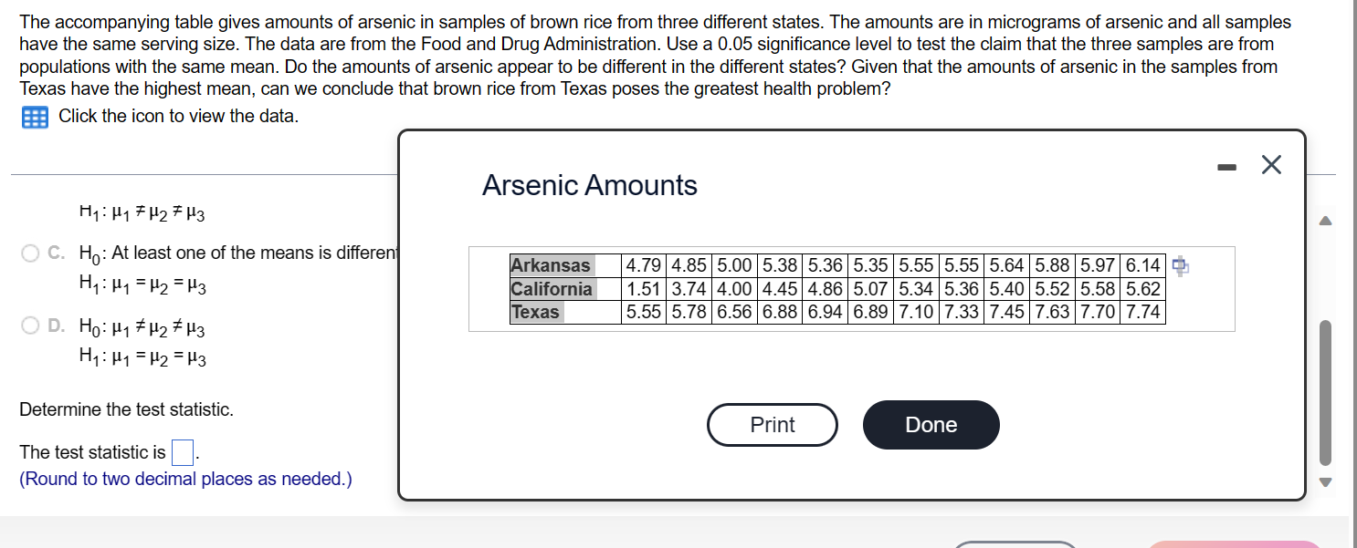 Solved The accompanying table gives amounts of arsenic in | Chegg.com