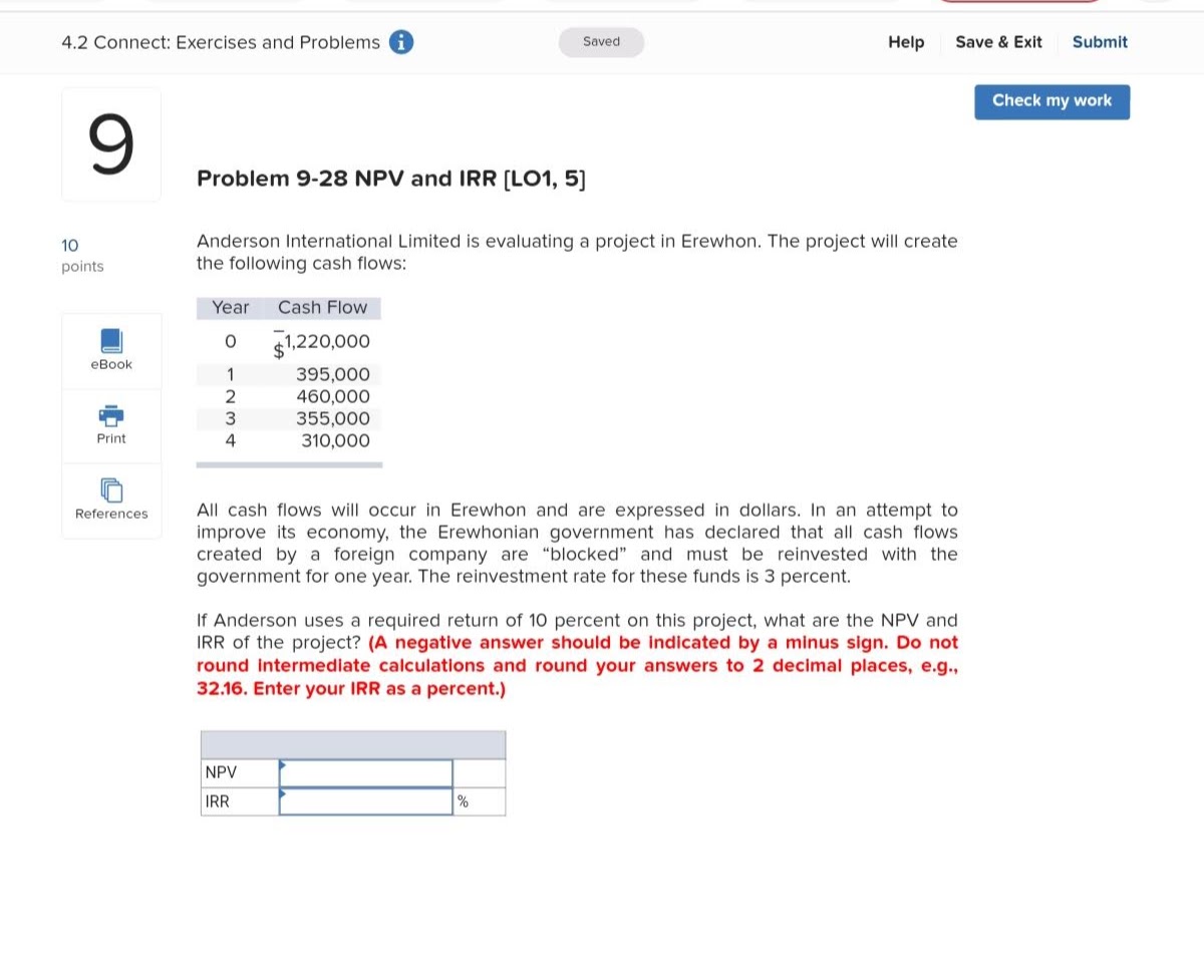 Solved Problem 9-28 ﻿NPV and IRR [LO1, 5]Anderson | Chegg.com