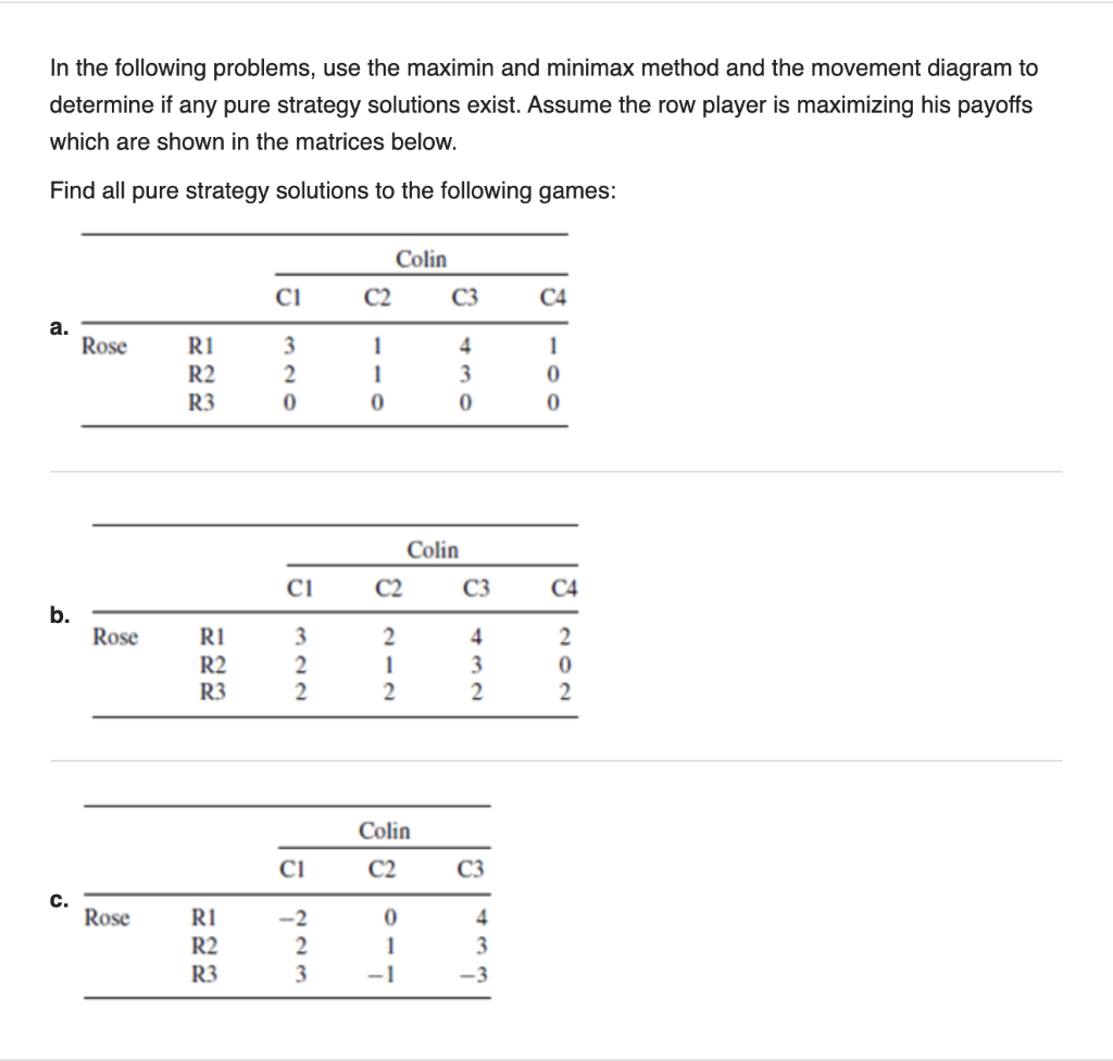 Solved In the following problems, use the maximin and | Chegg.com