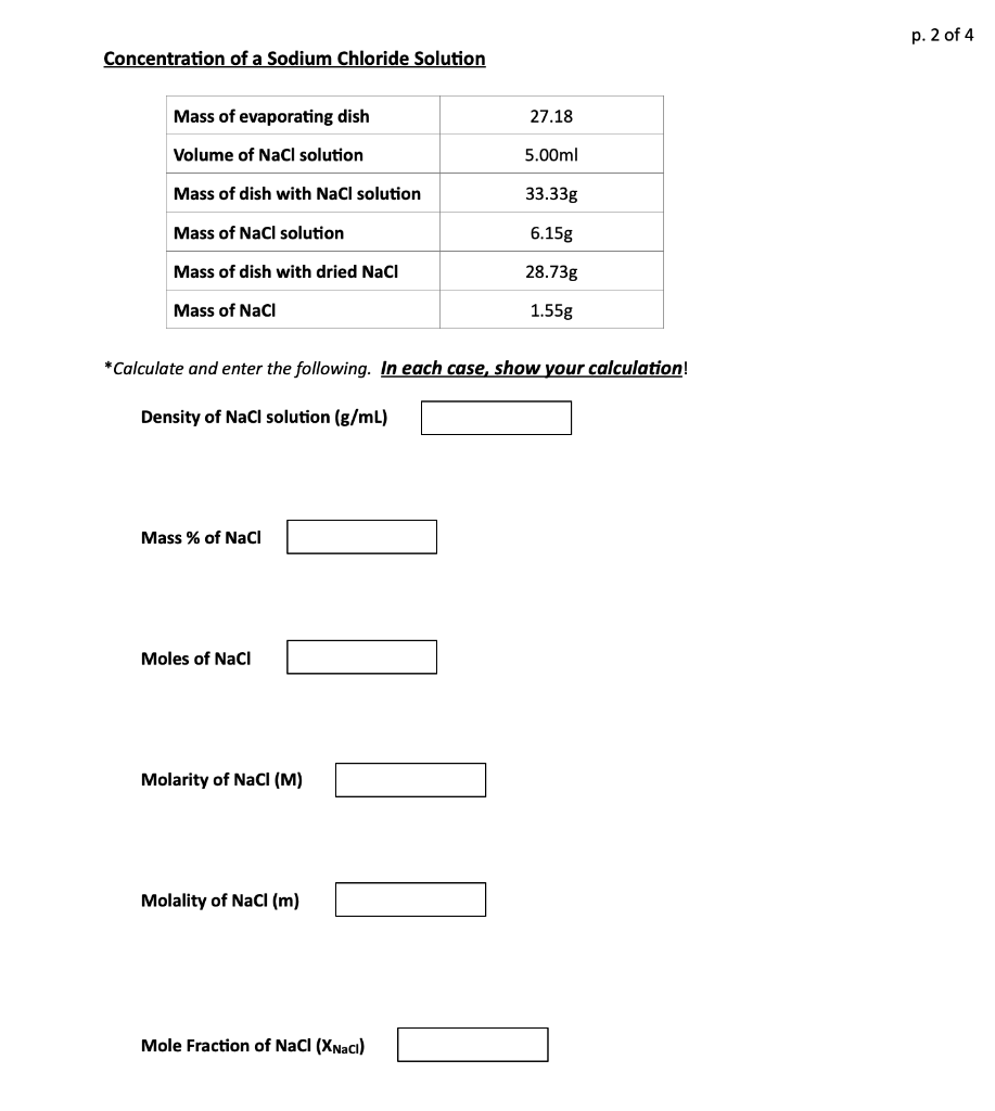 Solved p. 2 of 4 Concentration of a Sodium Chloride Solution | Chegg.com