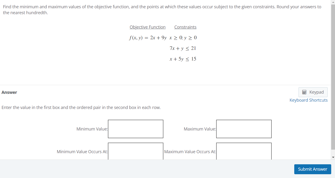 Solved Find the minimum and maximum values of the objective | Chegg.com