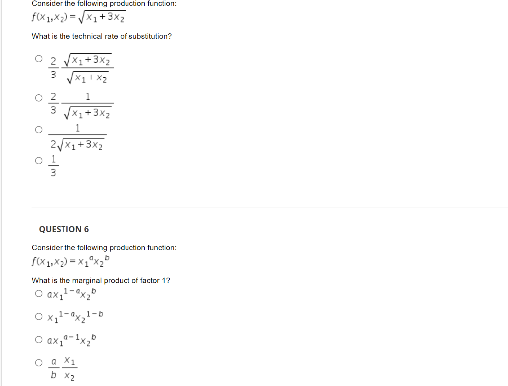 Solved Consider the following production function: f(x1,x2) | Chegg.com