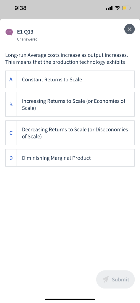 Solved 9:38 х E1 Q13 Unanswered Long-run Average costs | Chegg.com
