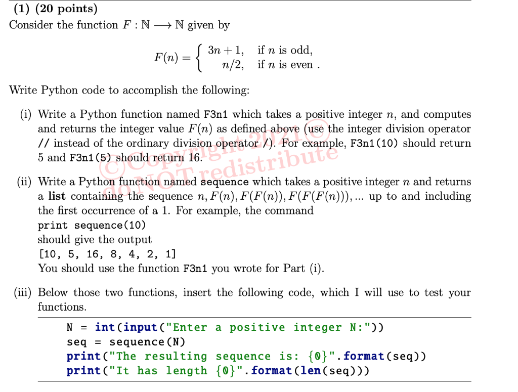 Solved (1) (20 points) Consider the function F:N + N given | Chegg.com