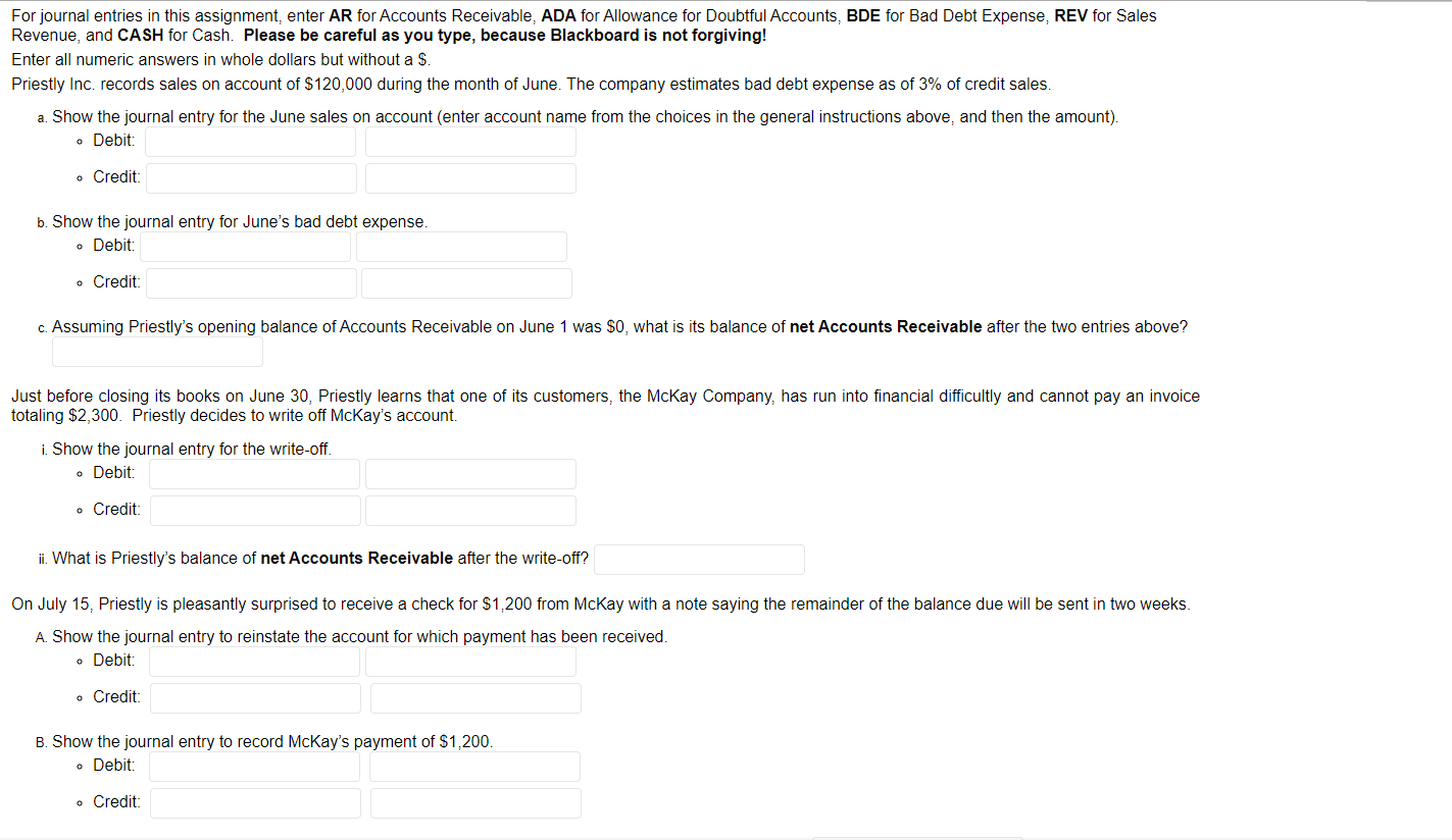 Solved For journal entries in this assignment, enter AR for | Chegg.com