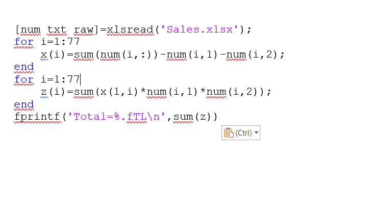 Solved [num txt raw]=xlsread ('Sales.xlsx'); for i=1:77 | Chegg.com