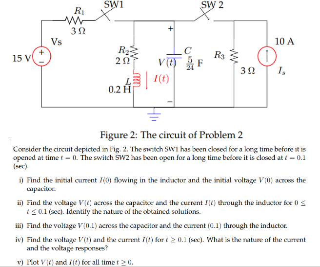 Solved SW1 SW 2 3Ω 10 A C R3 15 V 2 S2 24 32 T I I(t) 0.2 H | Chegg.com