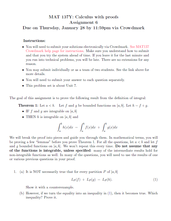 MAT 137Y: Calculus with proofs Assignment 6 Due on | Chegg.com