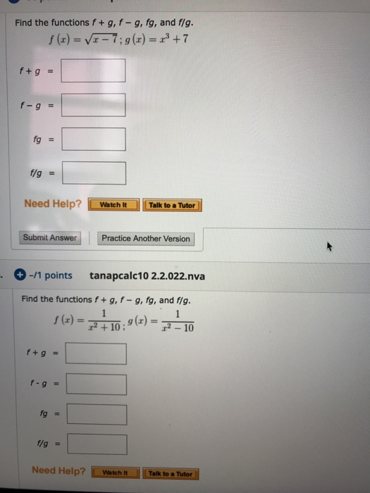 Solved Find the functions f+ g, f- g, fg, and f/g. f(r) = | Chegg.com