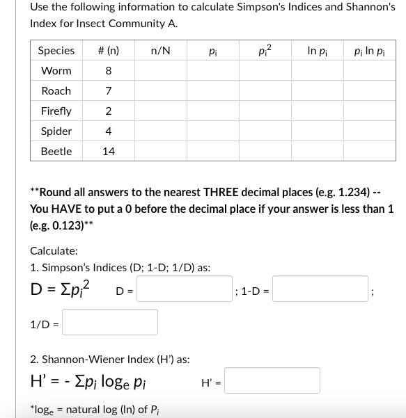 Solved Use the following information to calculate Simpson's | Chegg.com