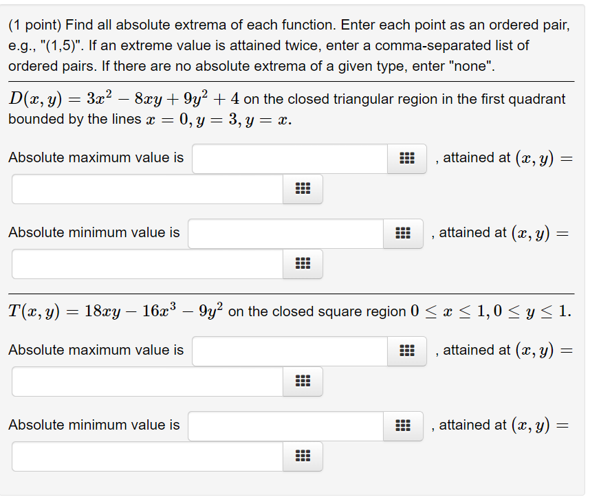 Solved (1 ﻿point) ﻿Find all absolute extrema of each | Chegg.com