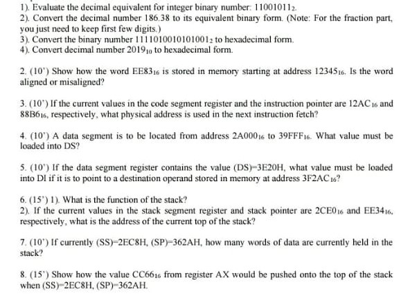 Solved 1). Evaluate the decimal equivalent for integer | Chegg.com