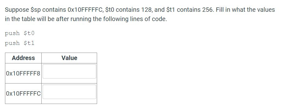 Solved Suppose $ sp contains 0x10FFFFFC,$ to contains 128 , | Chegg.com