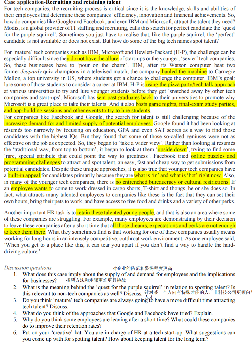 Solved Case application-Recruiting and retaining talent For | Chegg.com