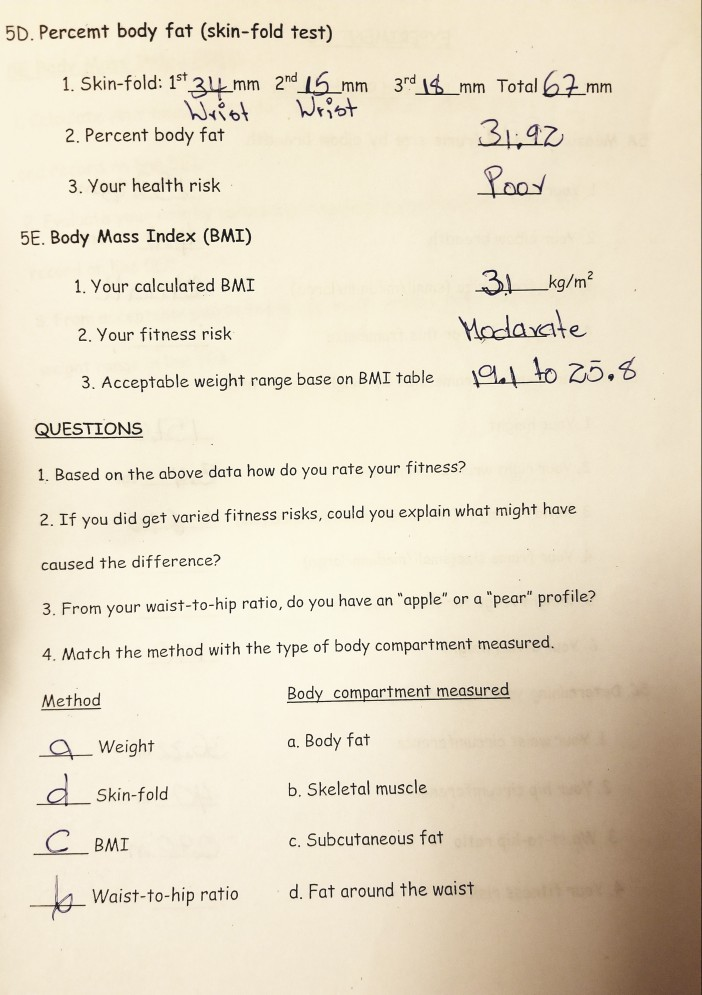 Solved 50. Percemt body fat (skin-fold test) 1. Skin-fold: | Chegg.com