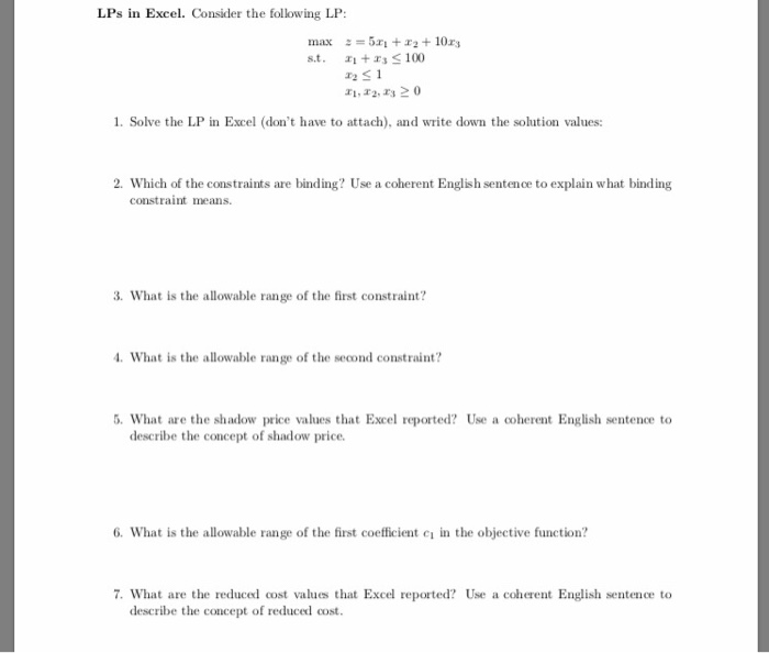 Solved LPs in Excel. Consider the following LP s.t. 100 1. | Chegg.com